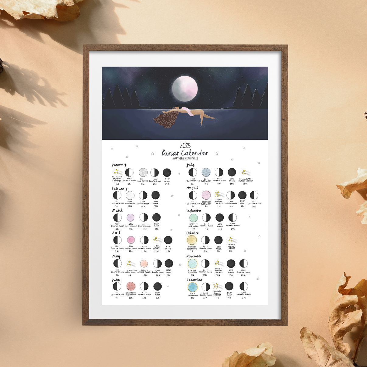 Wild Swimming 2025 Lunar Calendar A4 Print – Luna and Fern